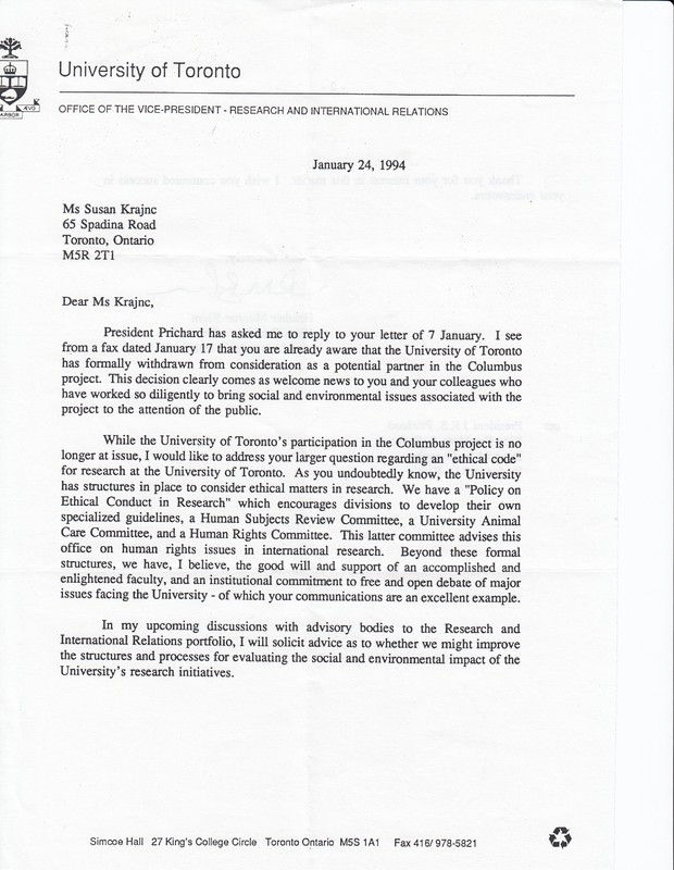 Letter from the Office of the Vice-President to OPIRG-Toronto ...